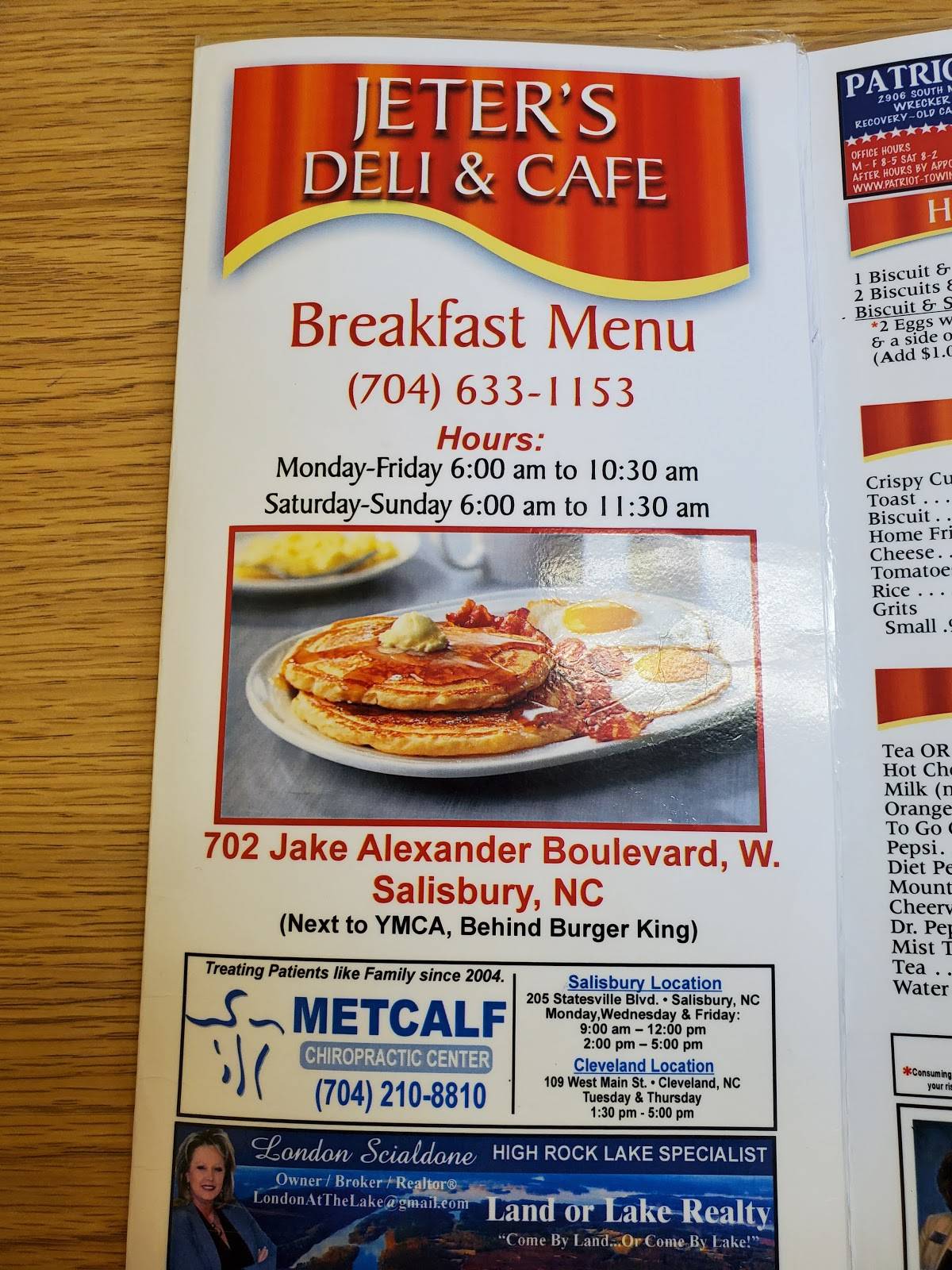 Menu at Jeter's Deli Cafe, Salisbury