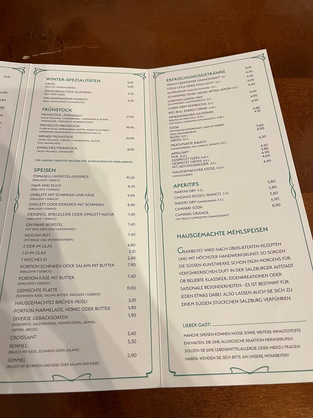 Menu at Café Tomaselli cafe, Salzburg