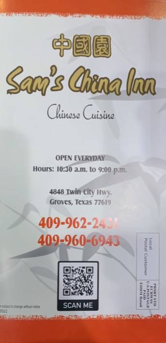 Menu at Sam's China Inn restaurant, Groves