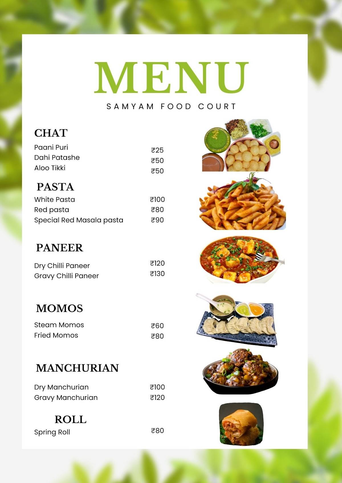 Menu at Samyama Food Court, Kota