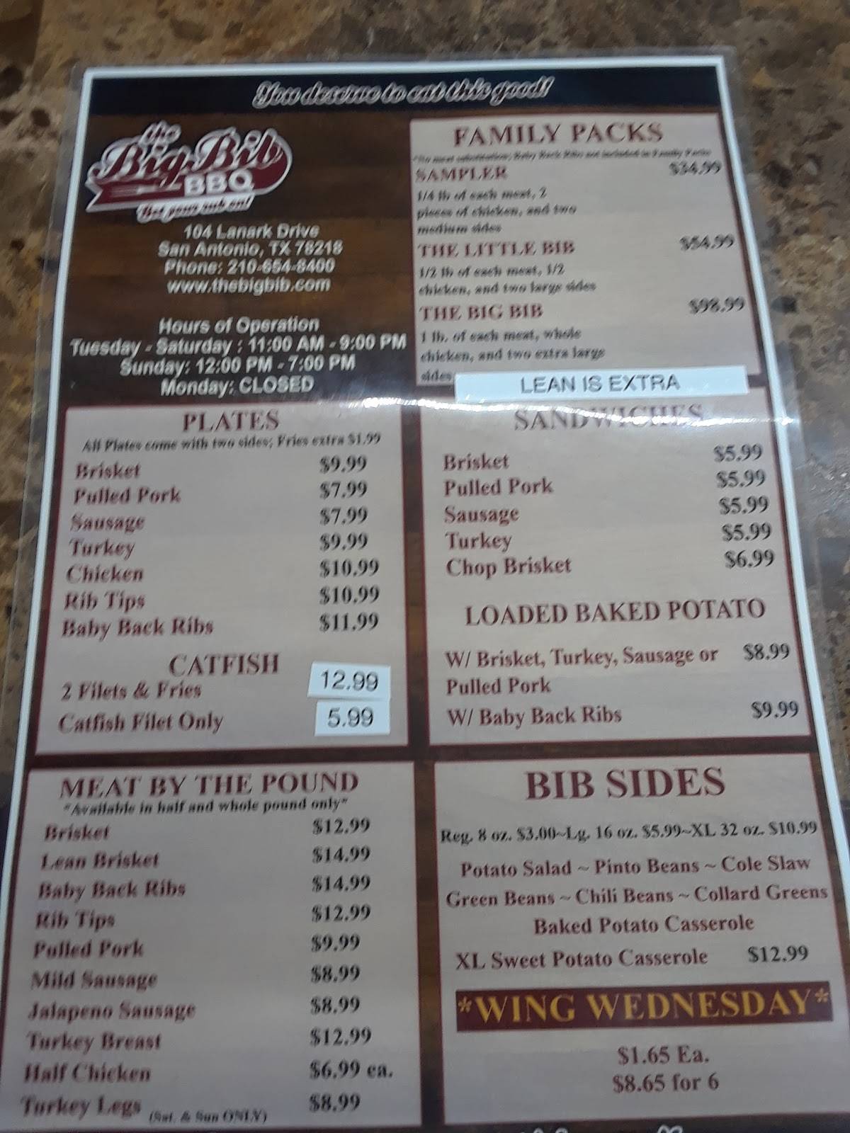 Menu at The Big Bib BBQ, San Antonio, 104 Lanark Dr