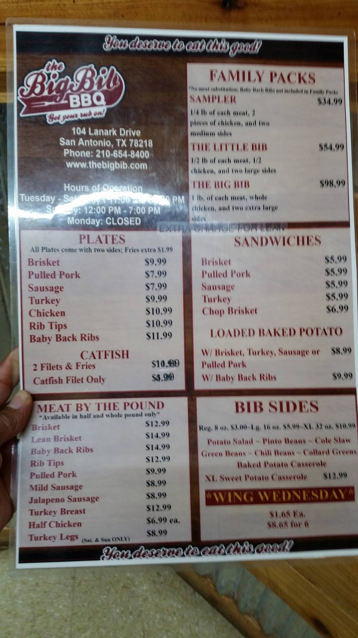 Menu at The Big Bib BBQ, San Antonio, 104 Lanark Dr