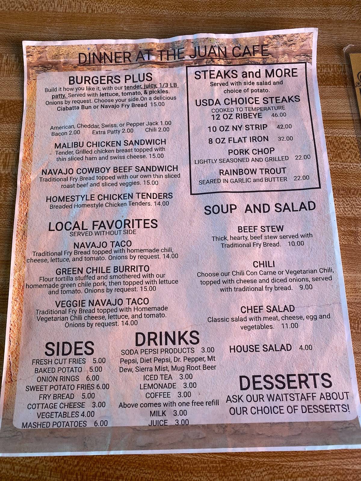 Menu at San Juan Cafe, Mexican Hat