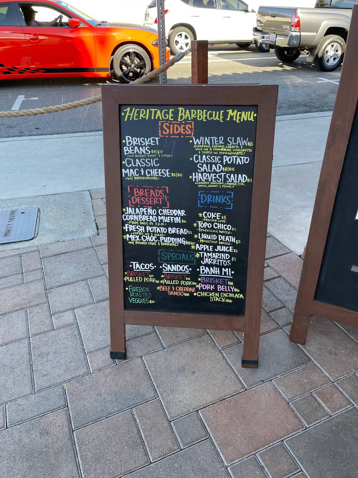 Menu at Heritage Barbecue, San Juan Capistrano