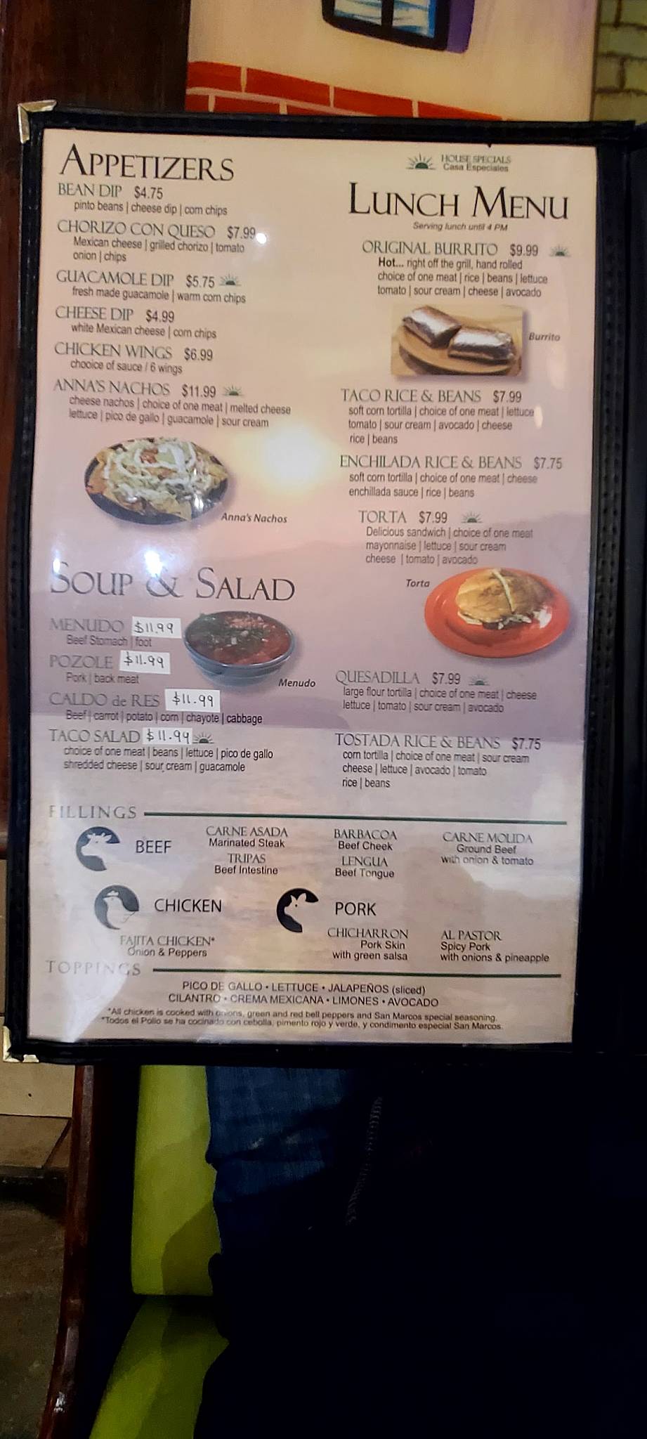 Menu at San Marcos Restaurant, Toledo