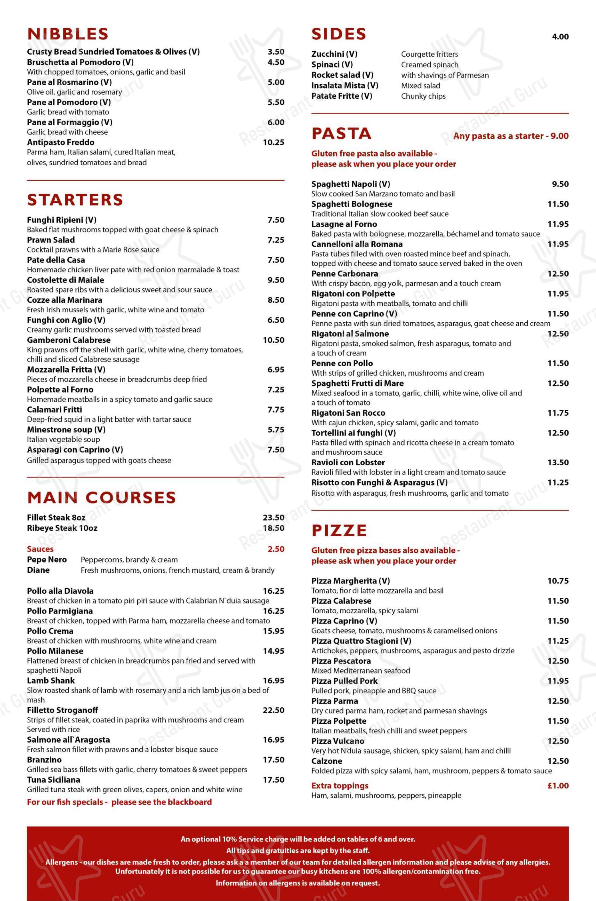 Menu at San Rocco restaurant, Oldham
