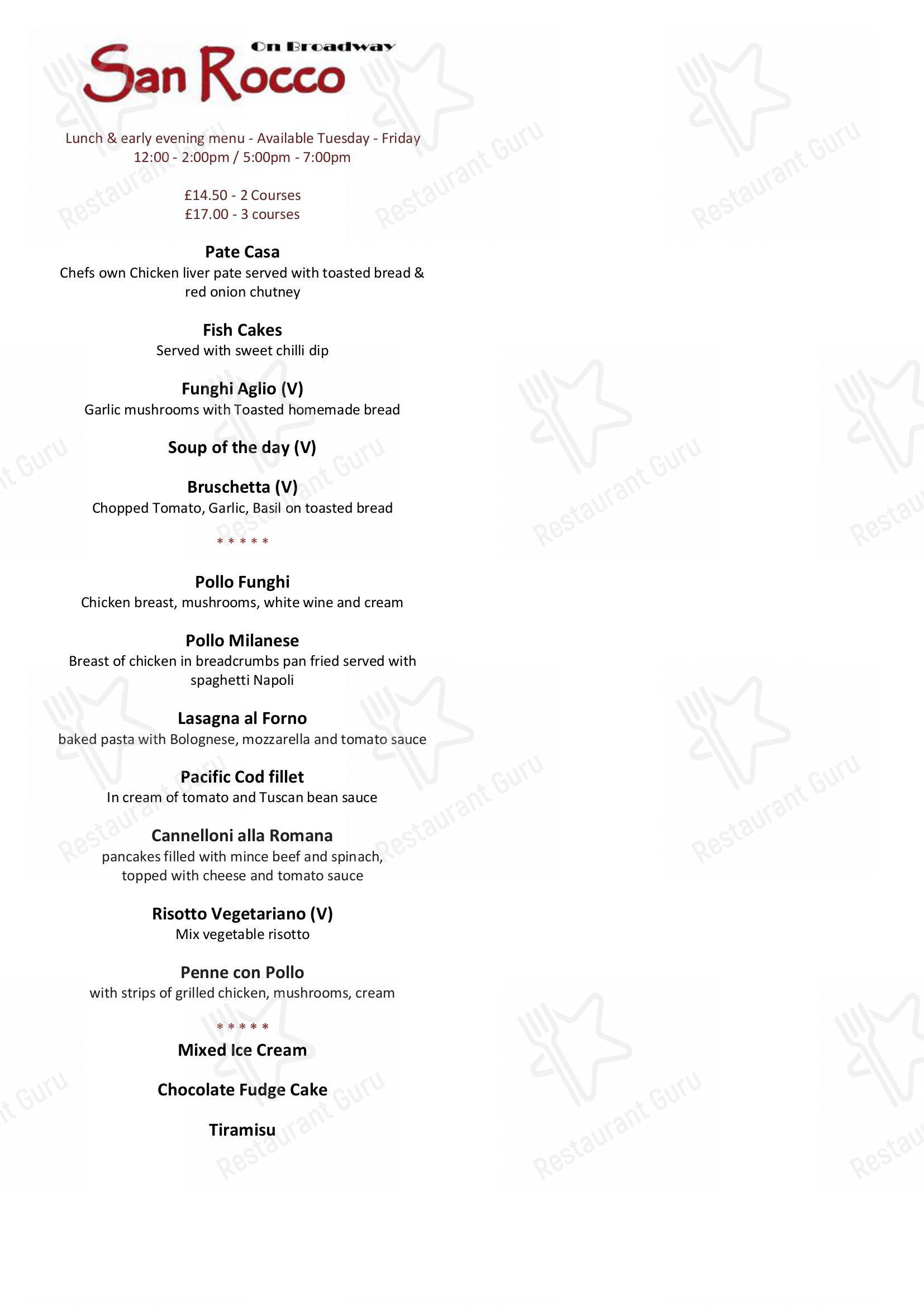 Menu at San Rocco restaurant, Oldham