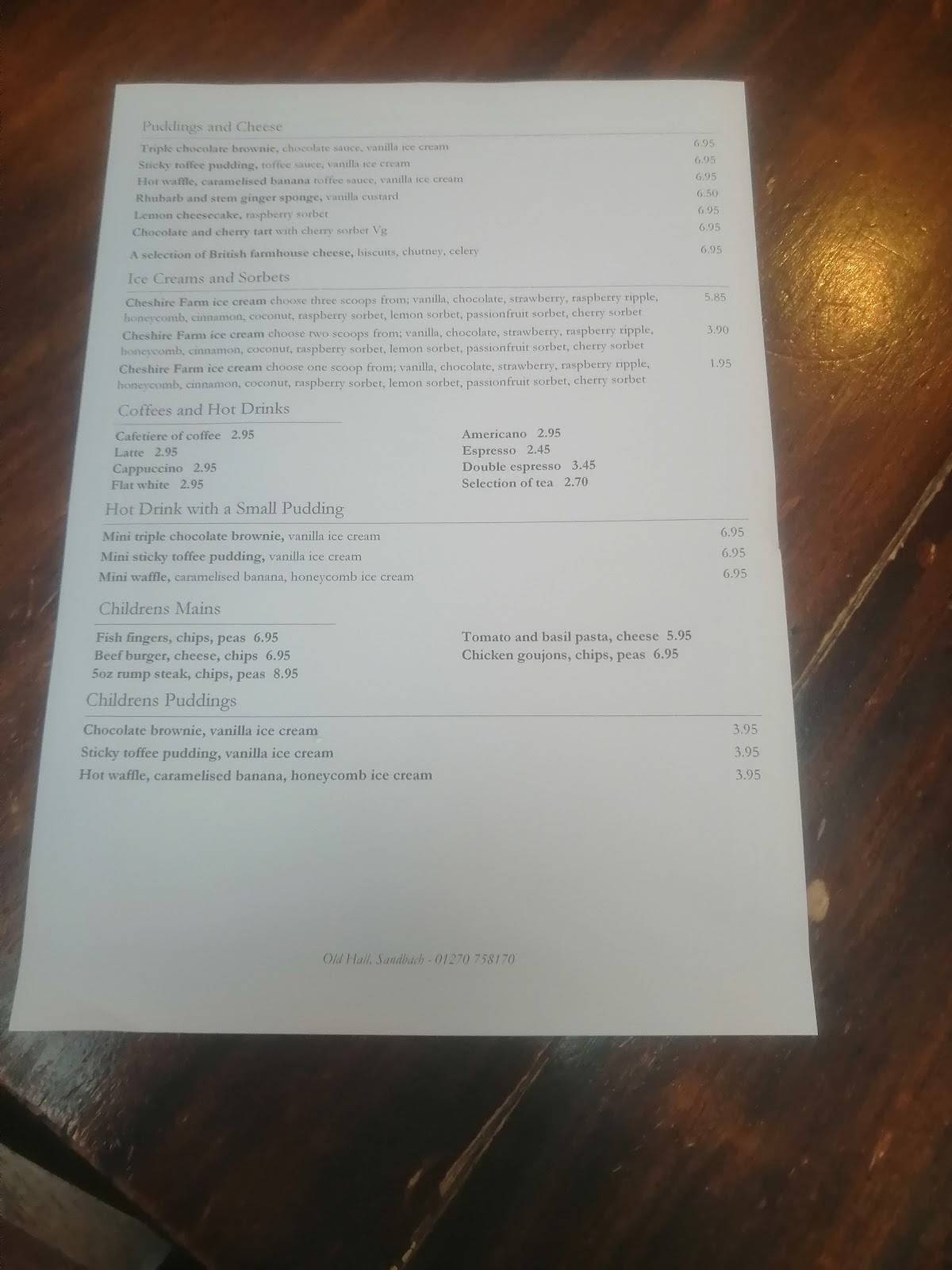 Menu at Old Hall pub & bar, Sandbach