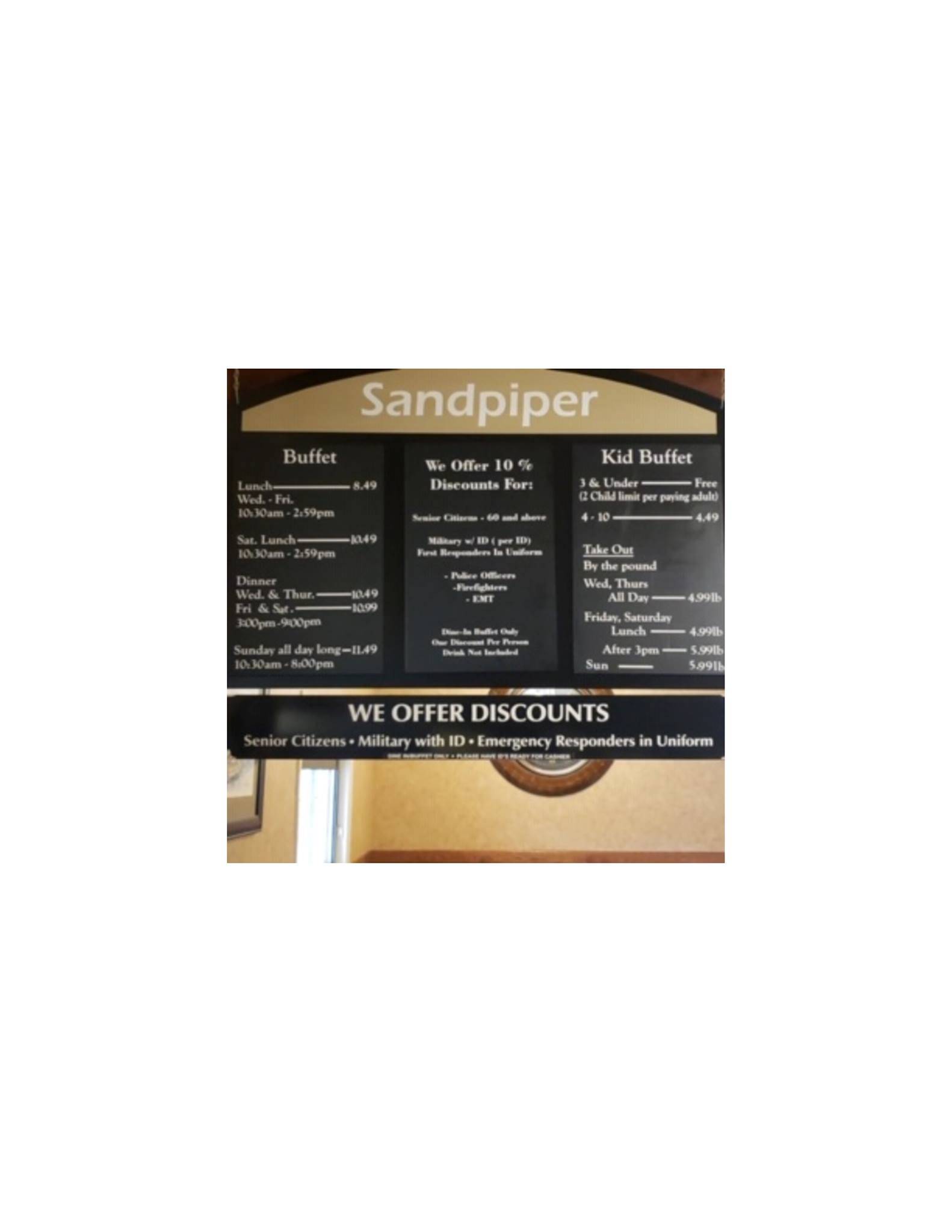 Menu at Sandpiper Buffet restaurant, Fayetteville
