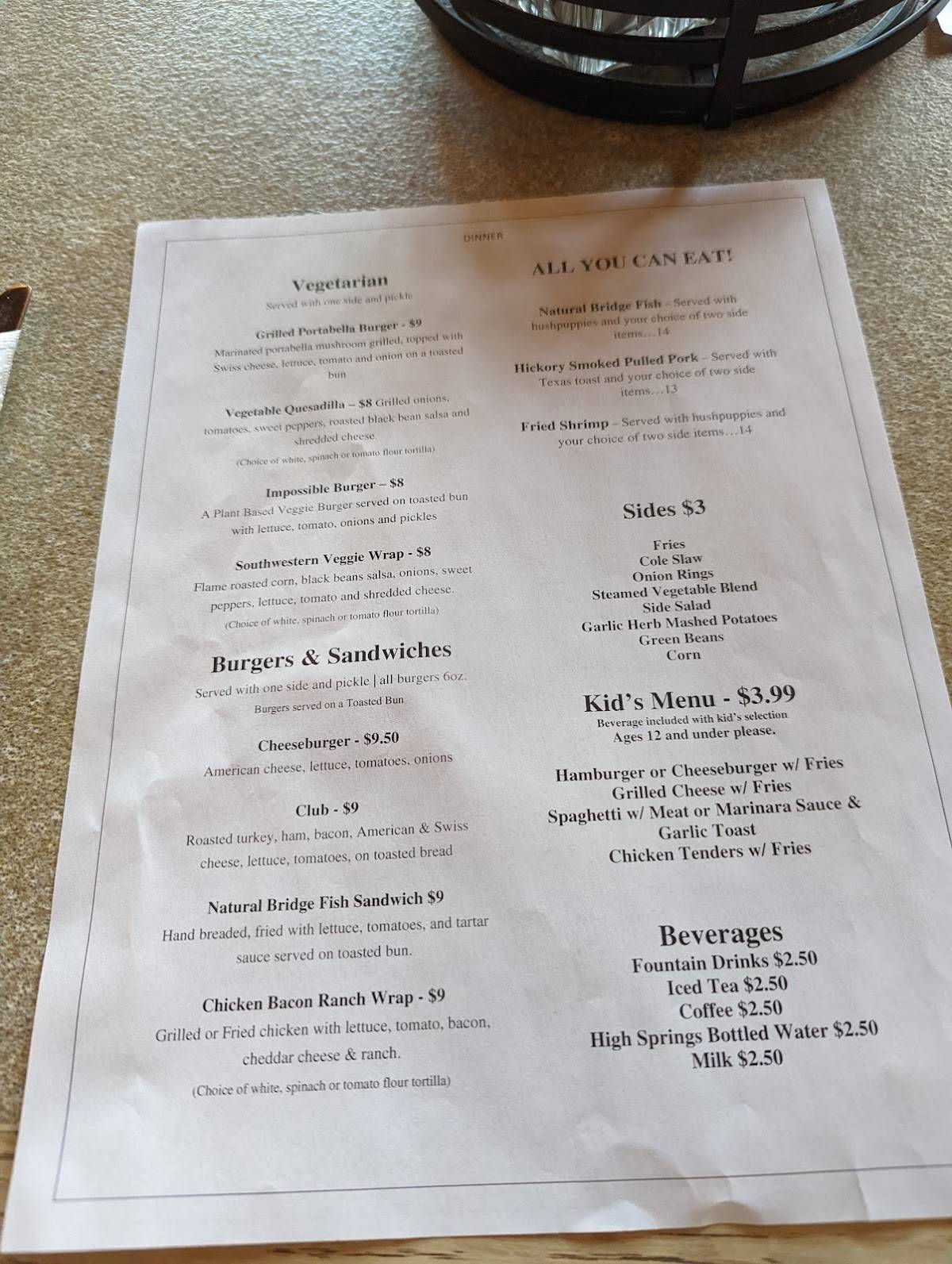 Menu at Sandstone Arches Restaurant, Slade