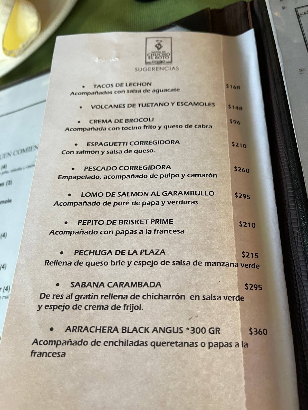 Carta del restaurante El Mesón del Chucho El Roto, Santiago del Querétaro