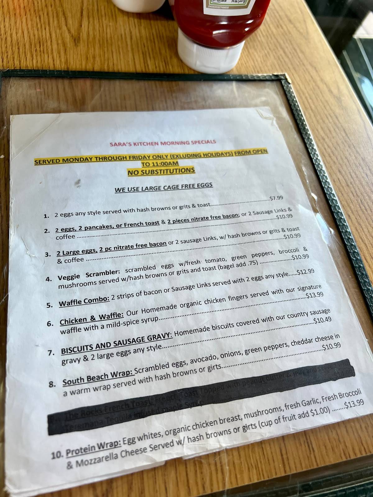 Menu at Sara's Kitchen restaurant, Palm Beach Gardens
