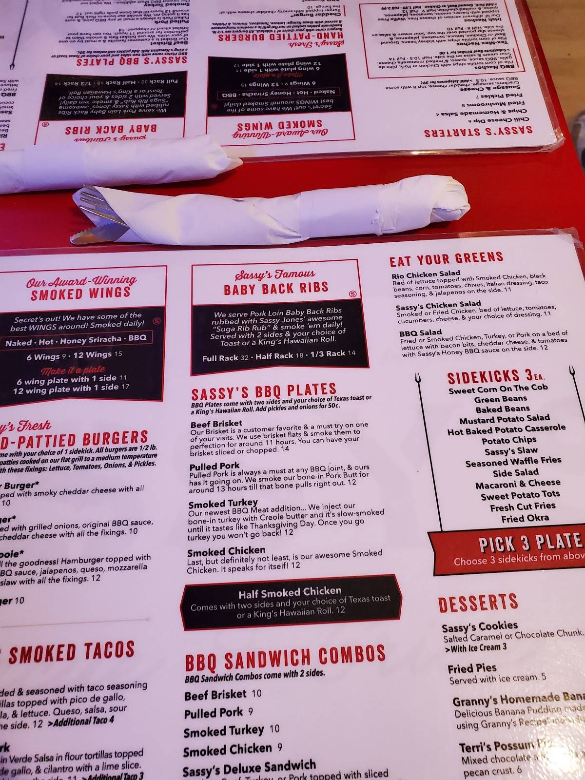 Menu at Sassy's Red House BBQ, Fayetteville