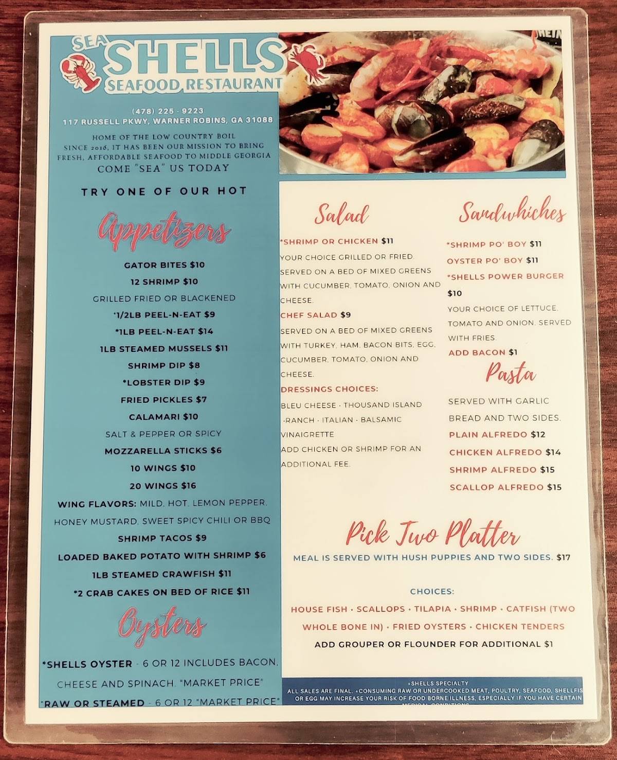 Menu at Sea Shells Seafood Restaurant, Warner Robins