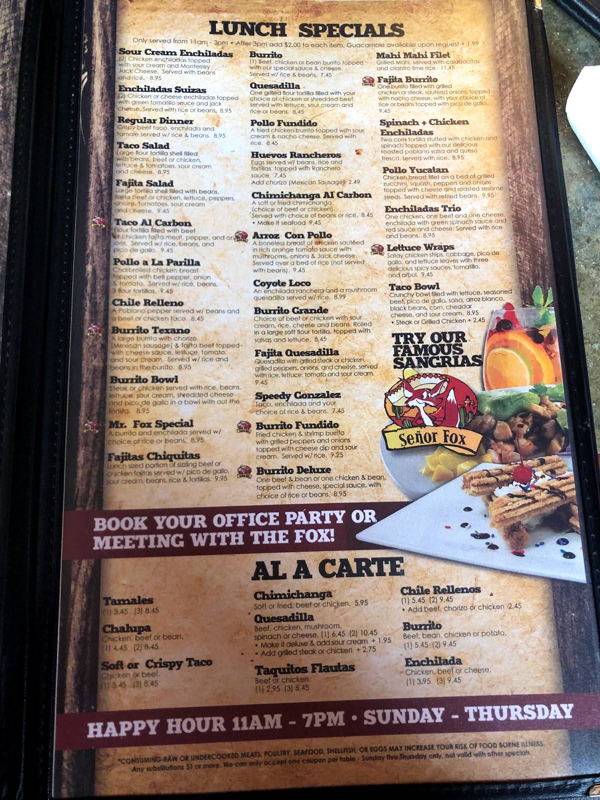 Menu at Senor Fox Mexican Restaurant, Virginia Beach, Nimmo Pkwy