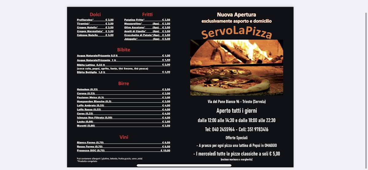 Menu da ServoLa Pizza e Panini ristorante, Trieste