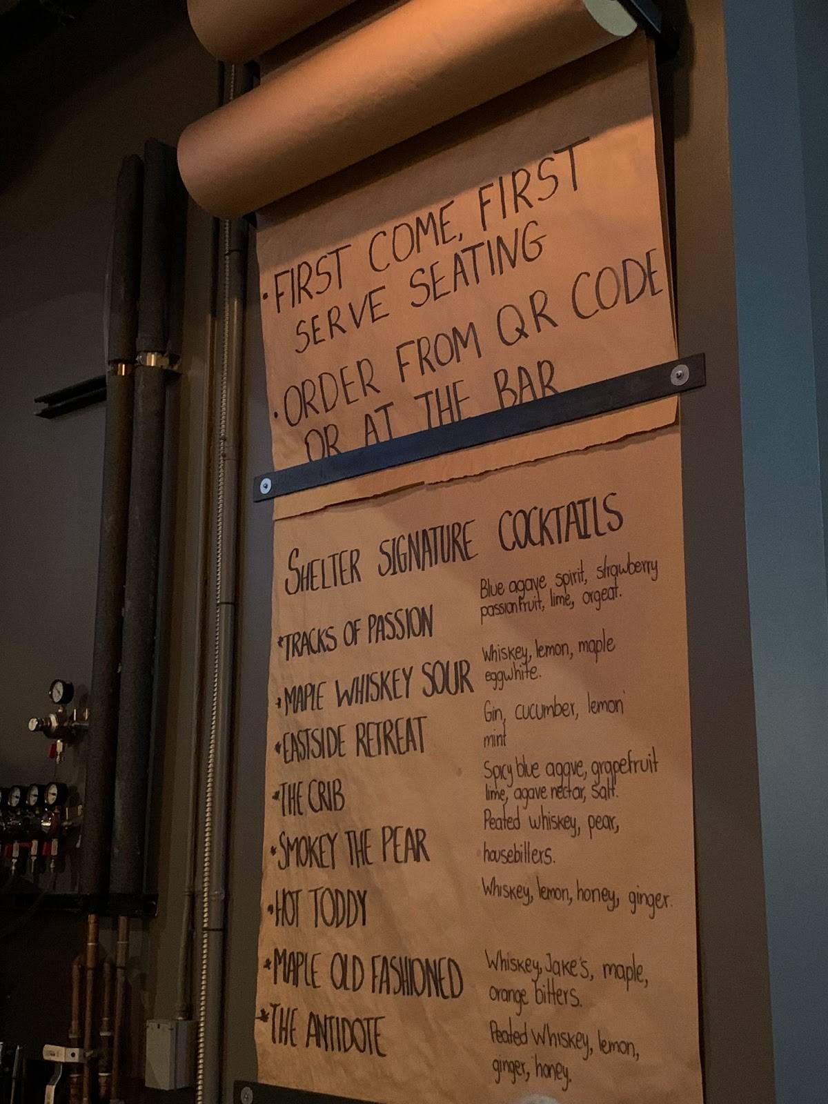 Menu at Shelter Distilling pub & bar, Mammoth Lakes