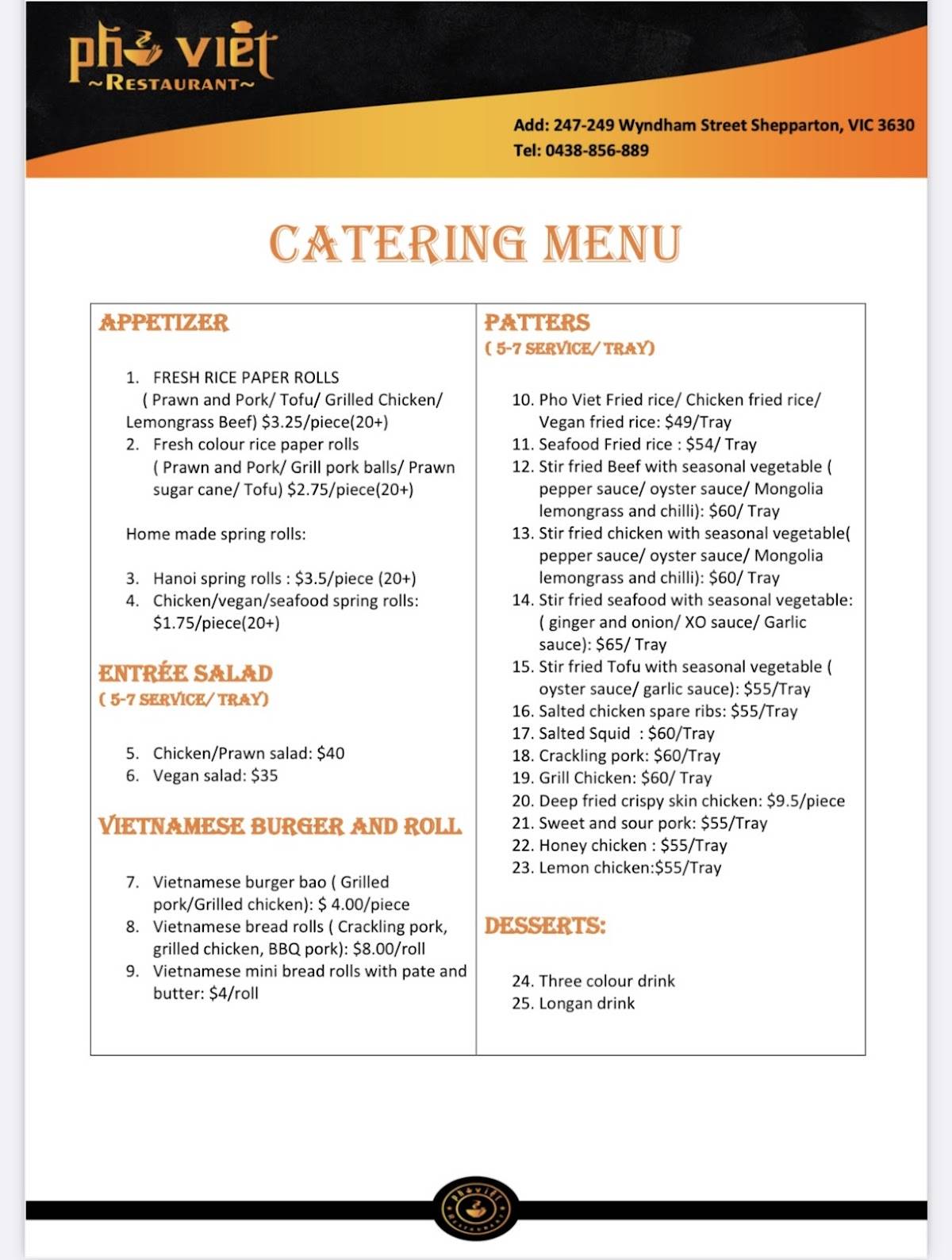 Menu at Pho Viet Shepparton restaurant, Shepparton