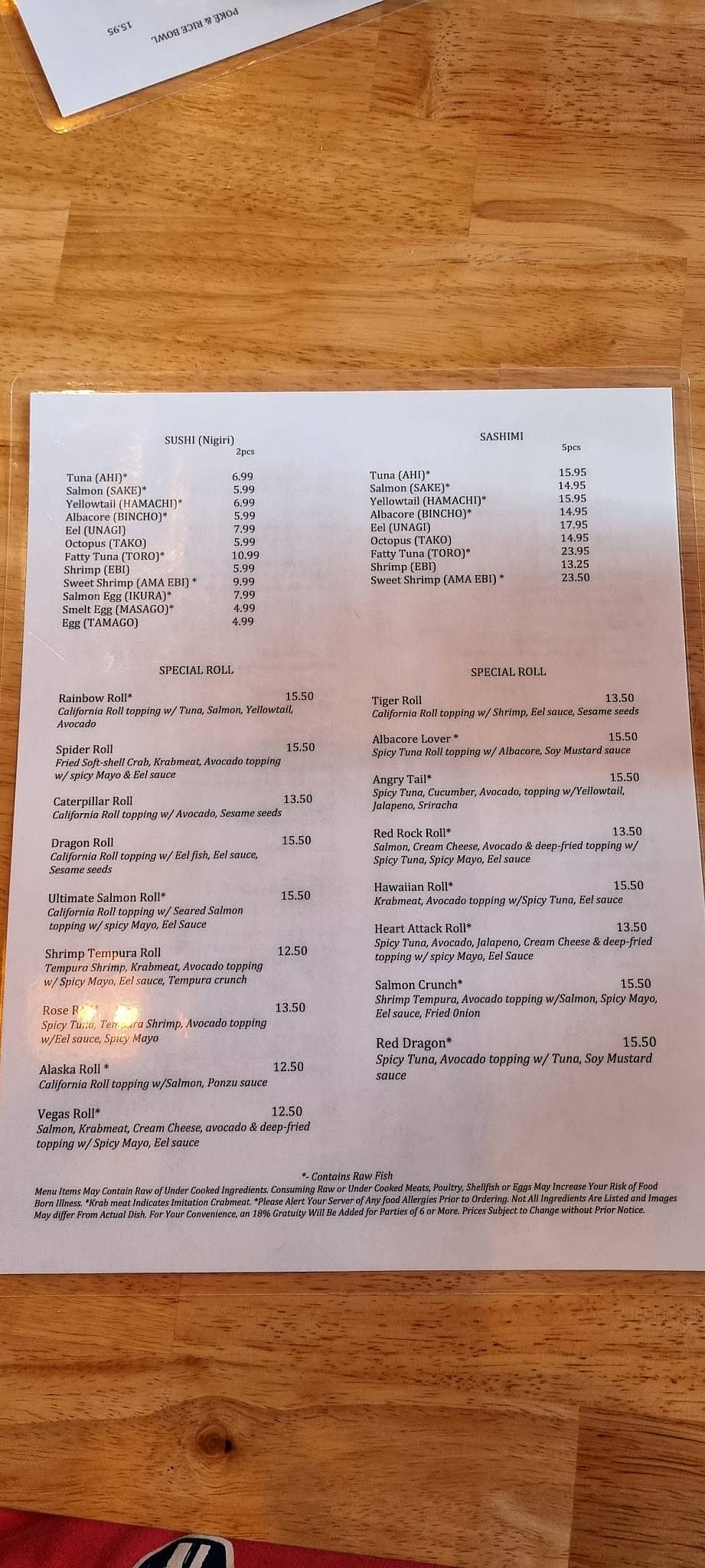 Menu at Shinkō Sushi House restaurant, Phoenix