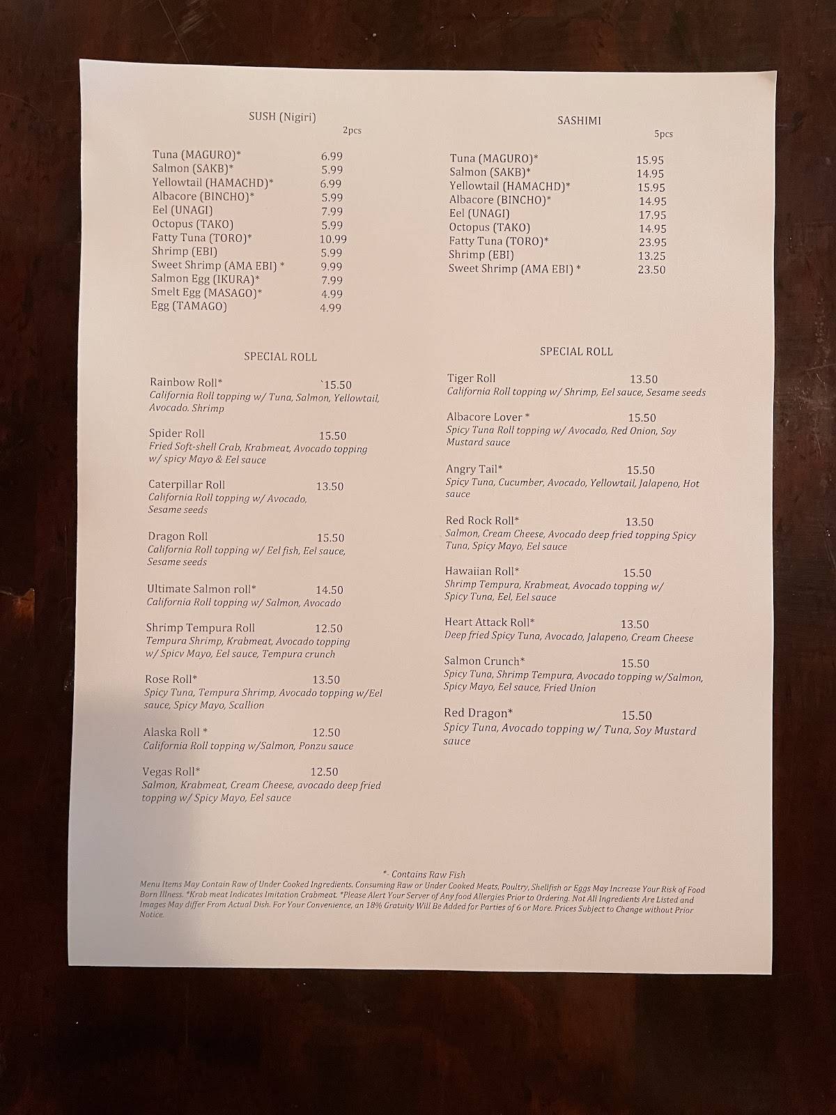 Menu at Shinkō Sushi House restaurant, Phoenix