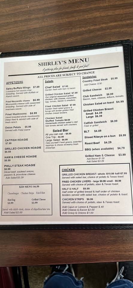 Menu at Shirley's Restaurant, Ripley
