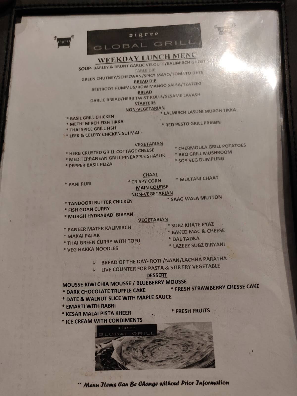 Menu at Sigree Global Grill, Mumbai, Ventura Building