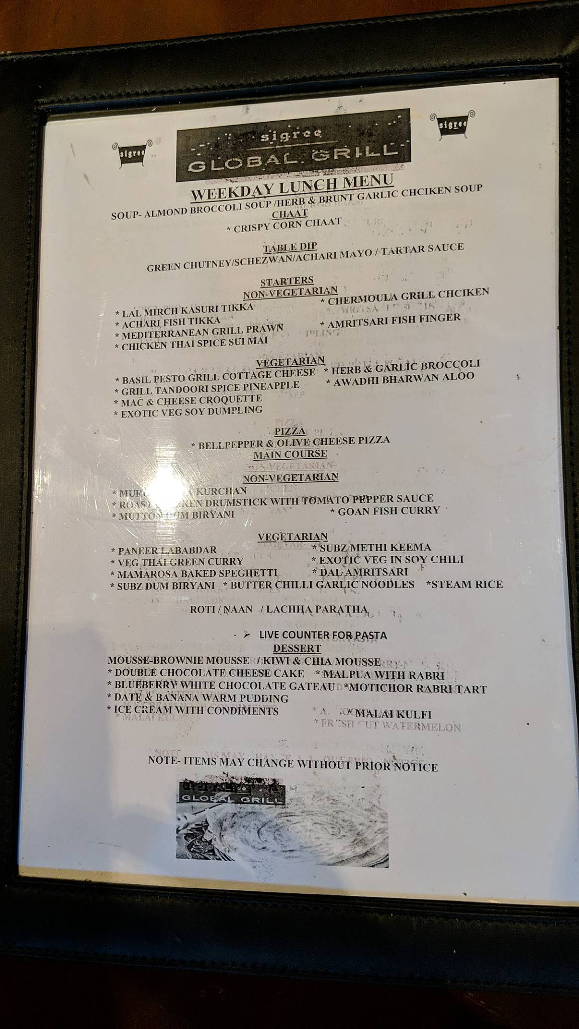 Menu at Sigree Global Grill, Mumbai, Ventura Building