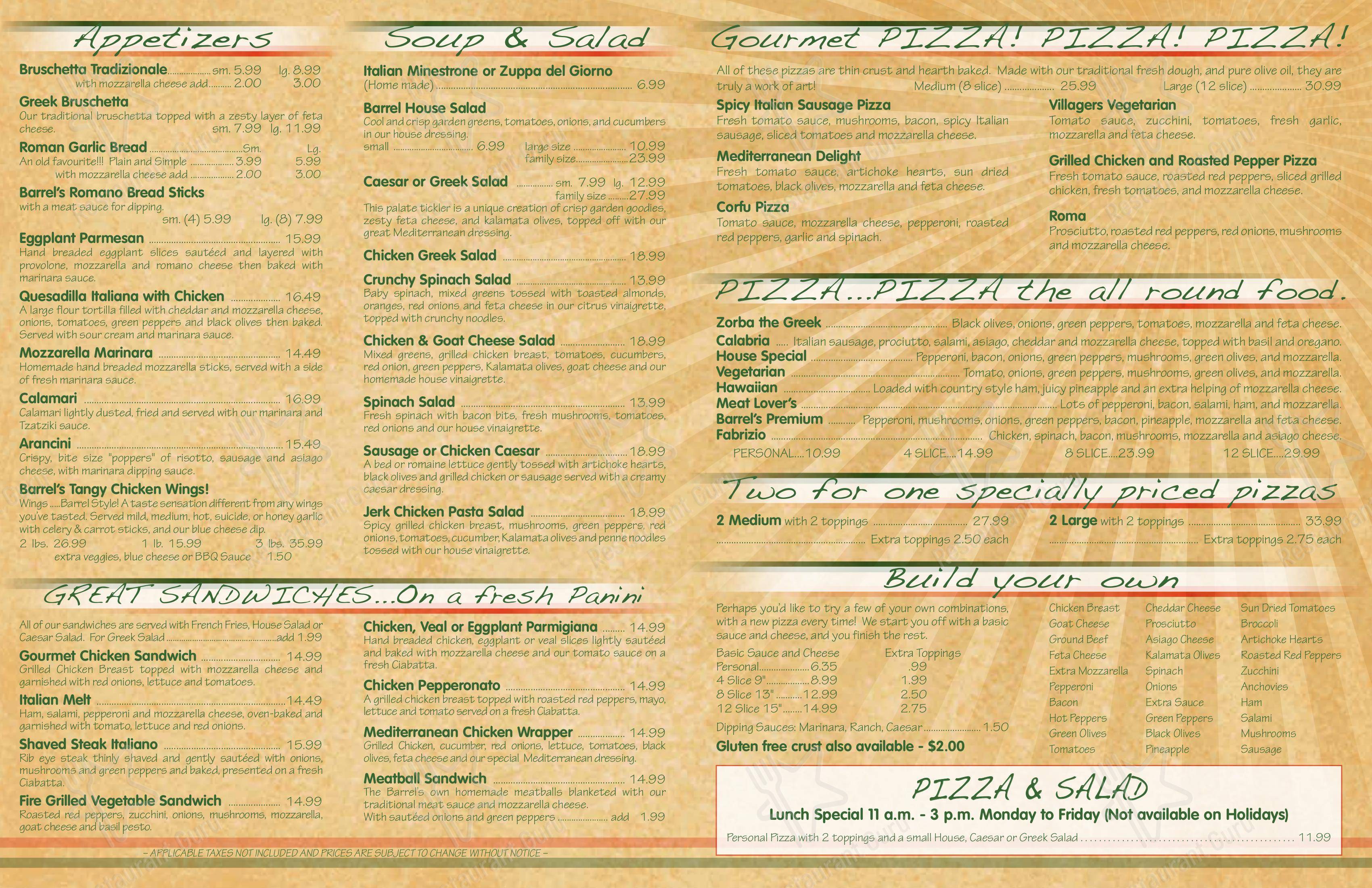 Menu at Barrel Restaurant, Simcoe