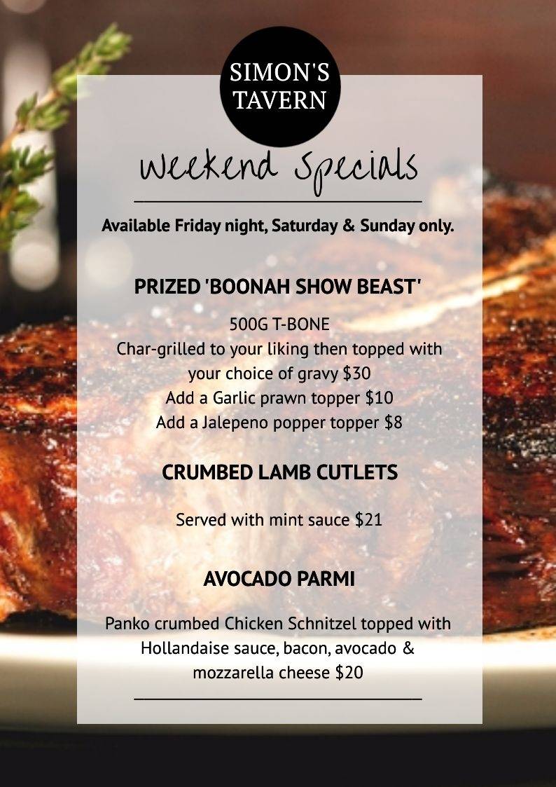 Menu at Boonah Tavern - formerly Simon's pub & bar, Boonah