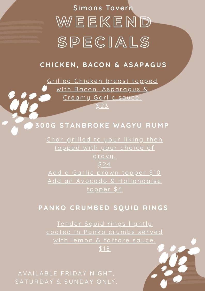 Menu at Boonah Tavern - formerly Simon's pub & bar, Boonah