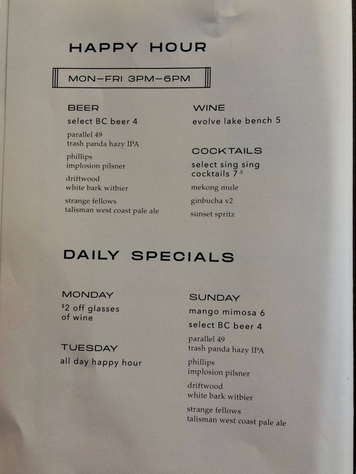 Menu at Sing Sing pub & bar, Vancouver, Main St