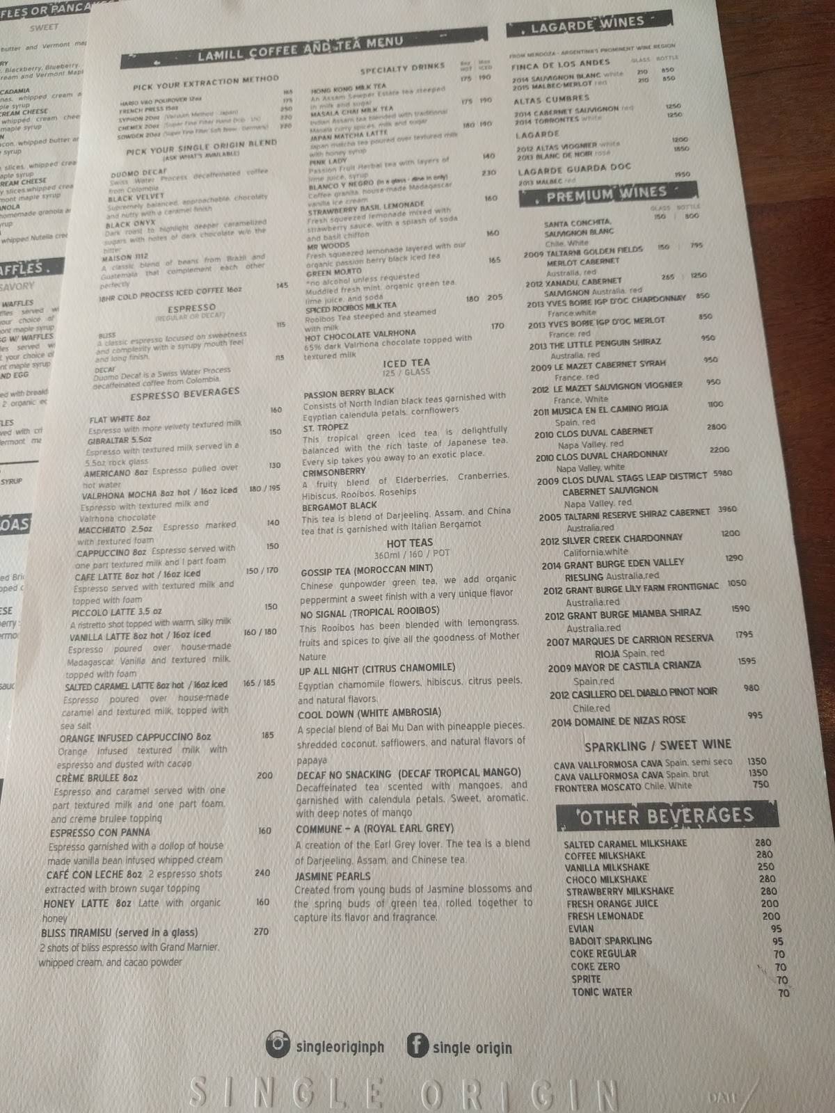 Menu at Single Origin - Rockwell cafe, Makati, 28 Amorsolo Dr
