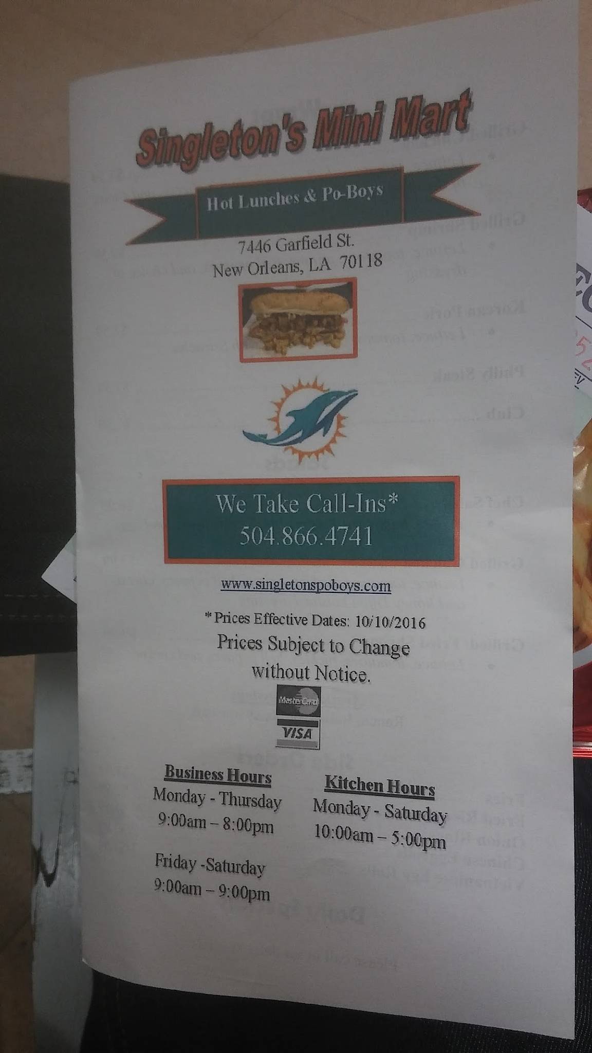 Menu at Singleton's Mini Mart restaurant, New Orleans