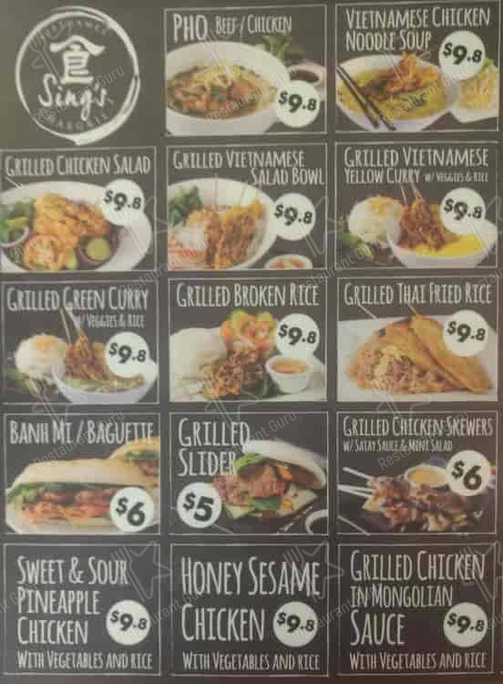 Menu at Sing's Vietnamese Chargrill restaurant, Brisbane City