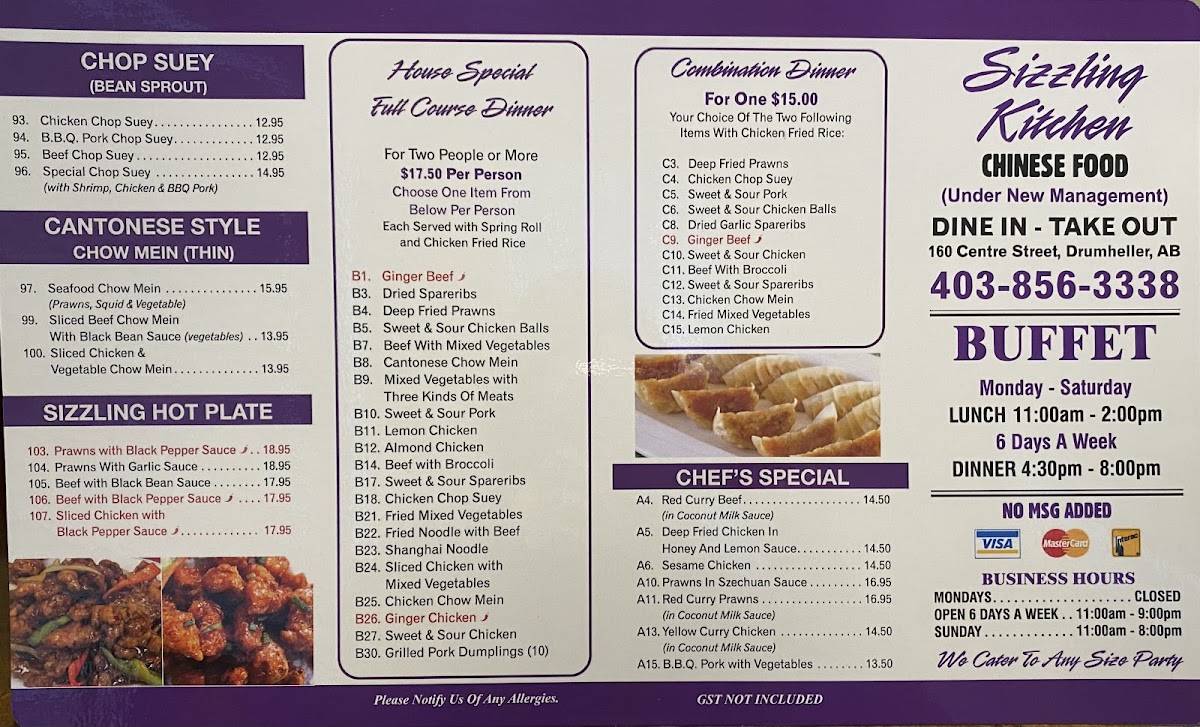Menu at Sizzling Kitchen Chinese Food restaurant, Drumheller, 160 Centre St