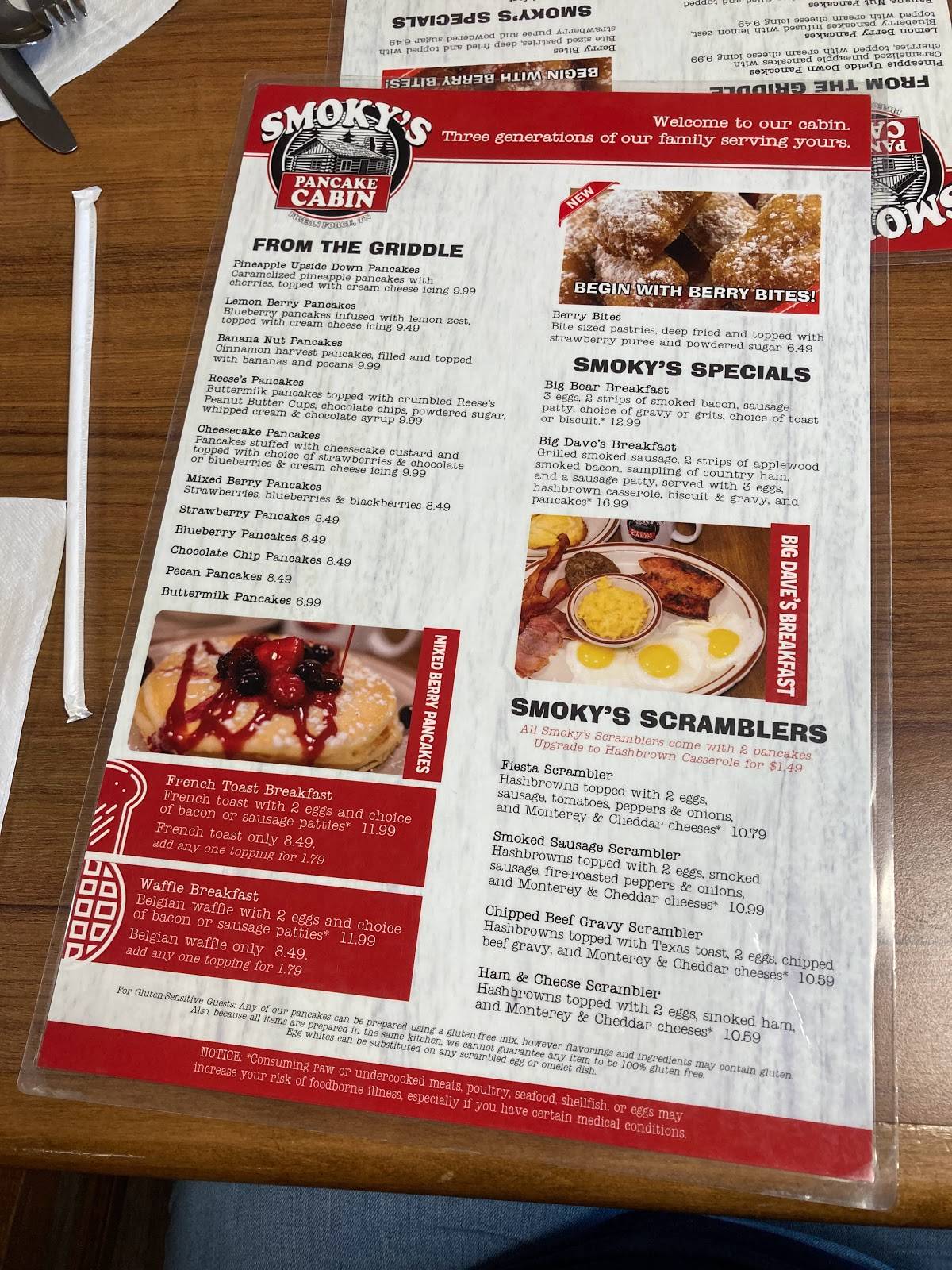 Menu at Smoky’s Pancake Cabin restaurant, Pigeon Forge