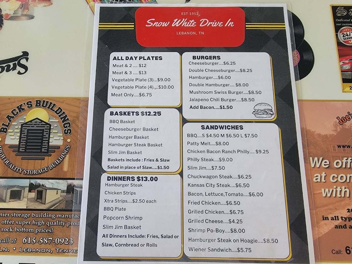 Menu at Snow White Drive in BBQ, Lebanon, W Main St