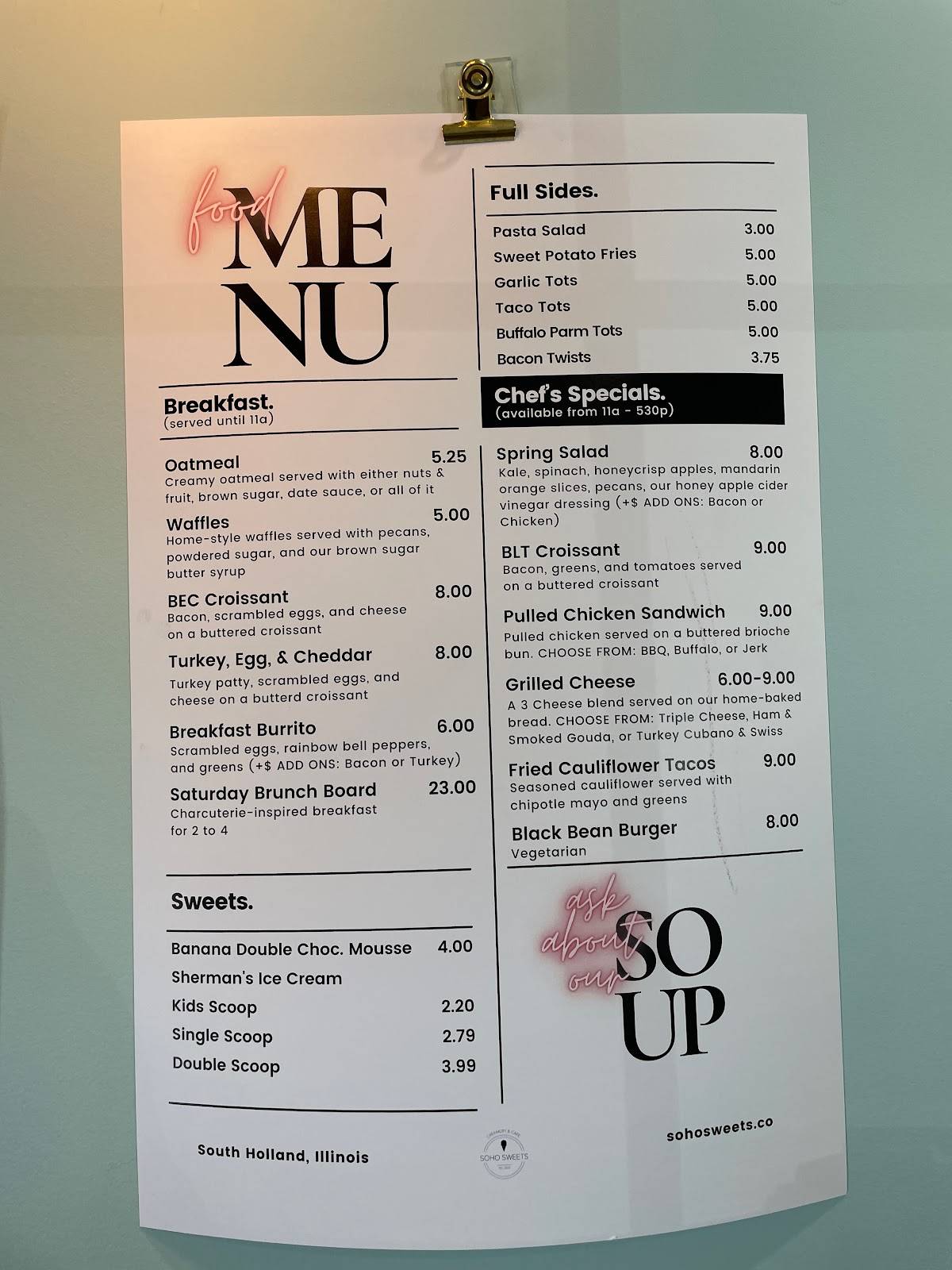 Menu at SoHo Sweets Creamery & Cafe, South Holland