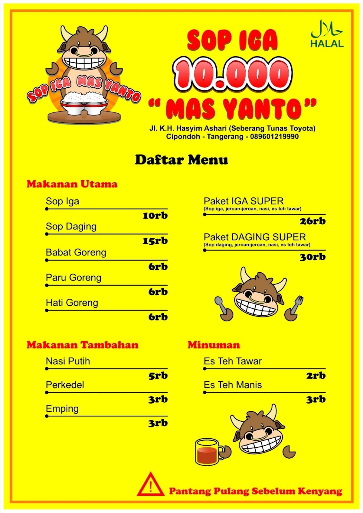 Menu at Sop iga sapi Mas Yanto restaurant, Tangerang