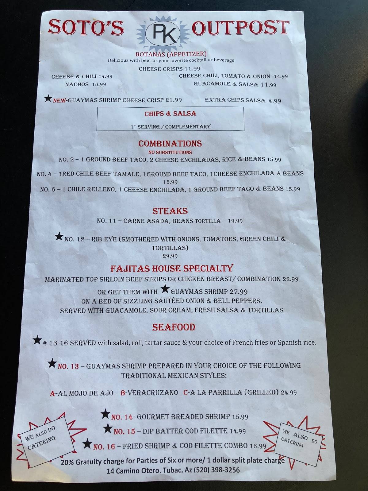 Menu at Soto's Outpost Mexican Restaurant, Tubac