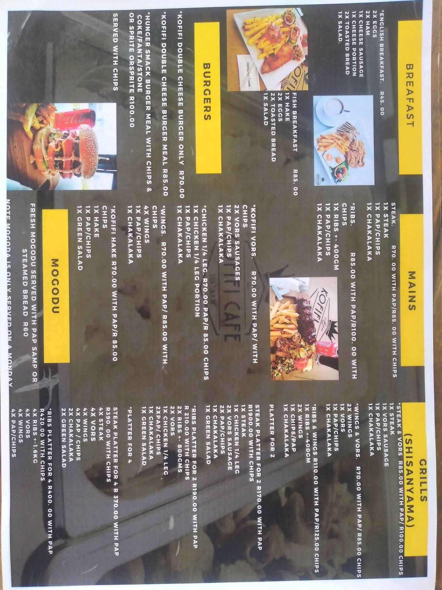Menu at Kofifi Cafe, Soweto, -1837 Ndaba St