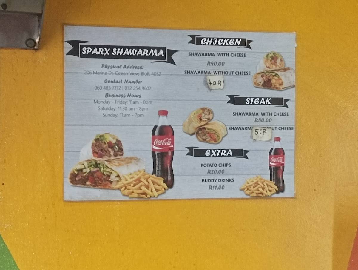 Menu at Sparx Shawarma restaurant, Durban