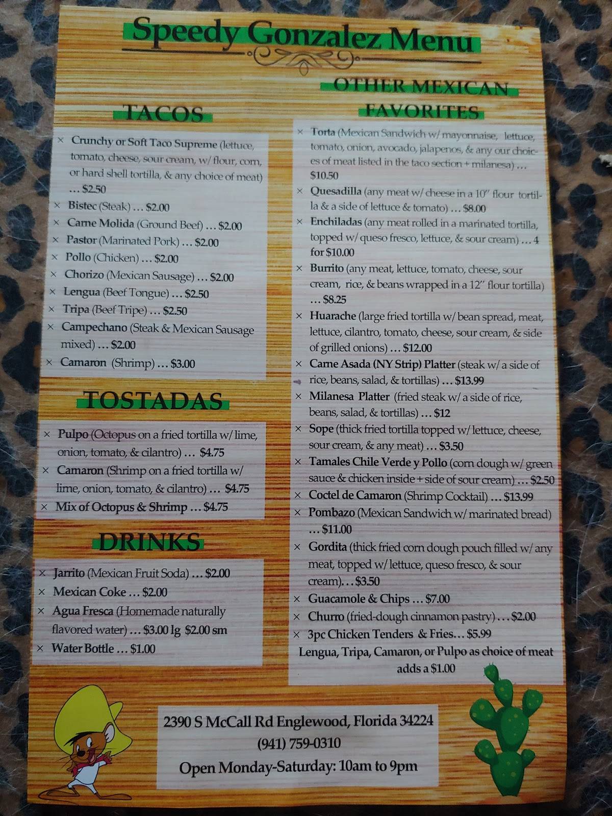 Menu at Speedy Gonzalez Mexican Food Truck restaurant, Englewood
