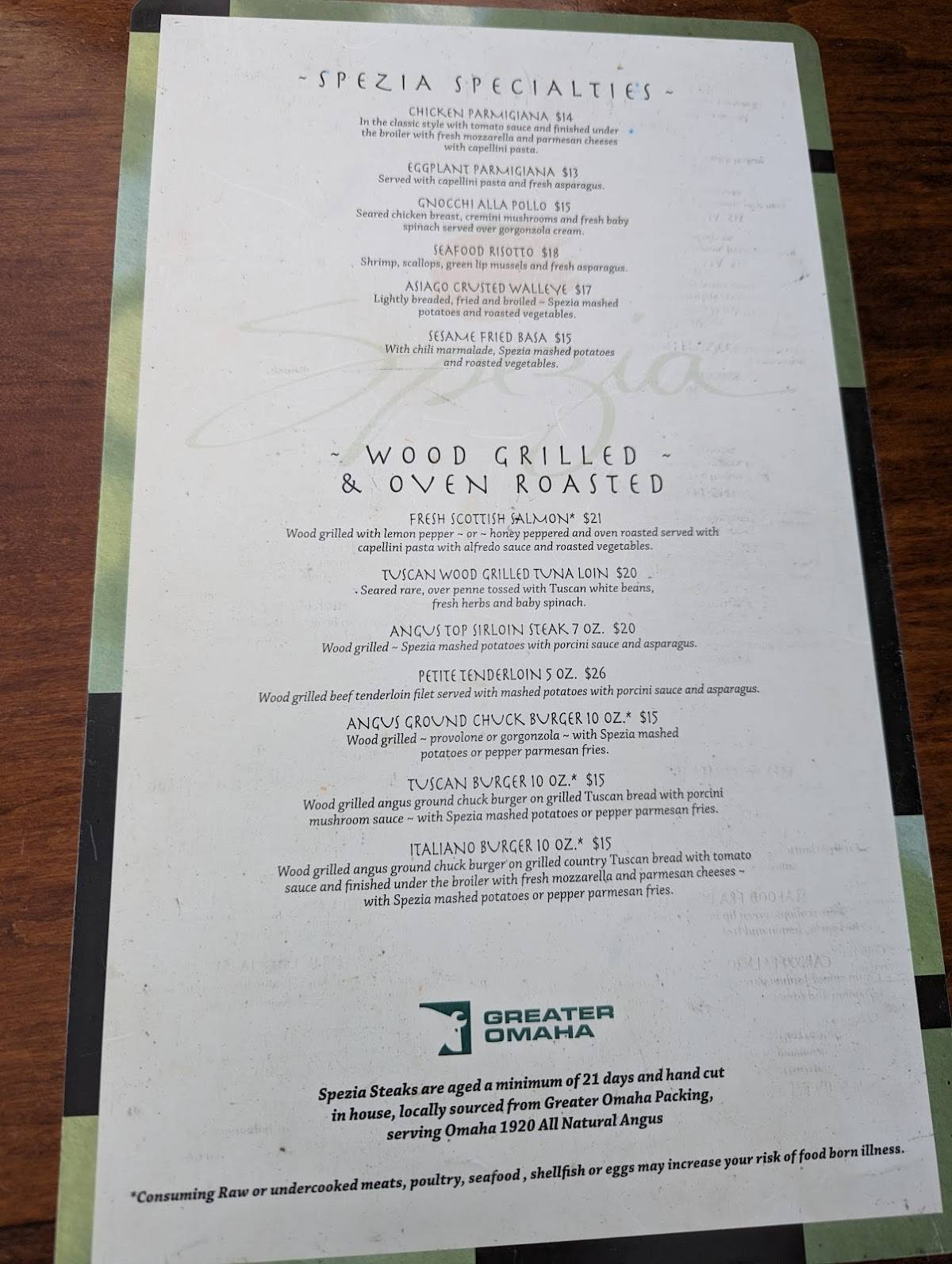Menu at Spezia Omaha restaurant, Omaha