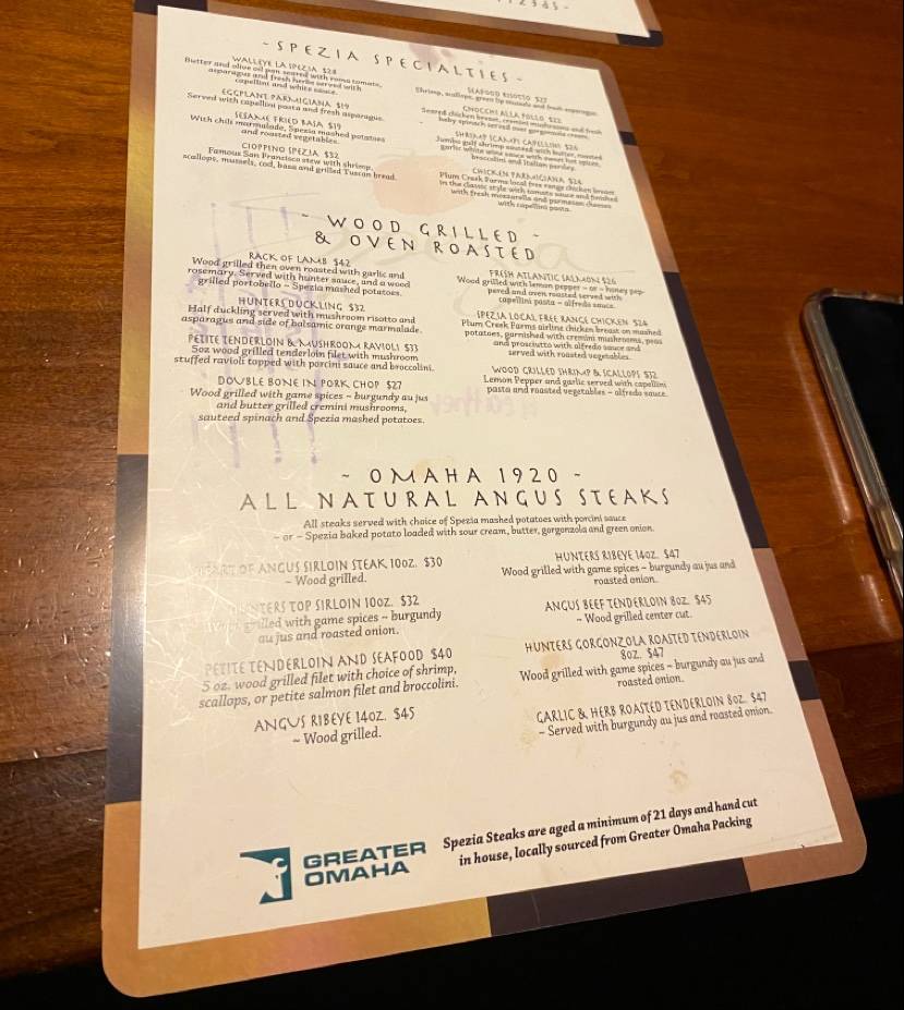 Menu at Spezia Omaha restaurant, Omaha