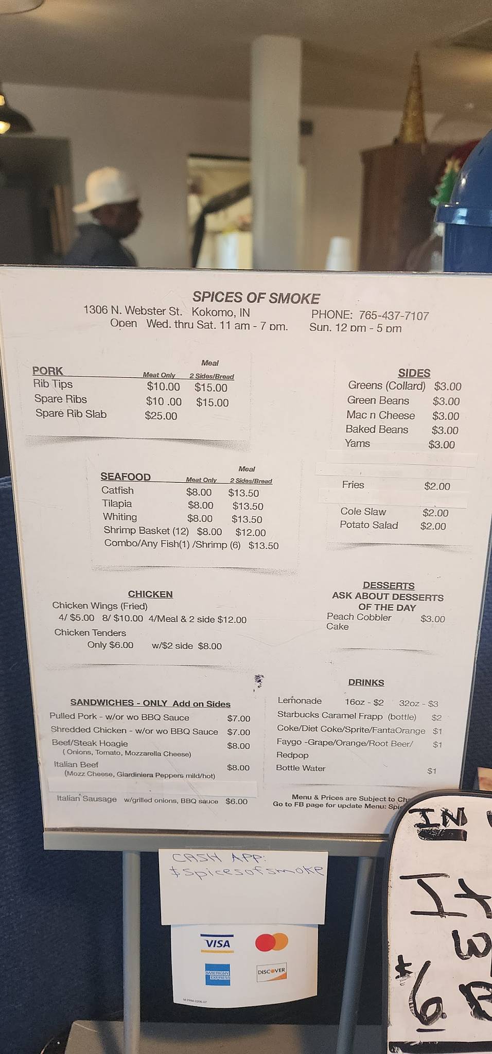 Menu at Spices of smoke desserts, Kokomo