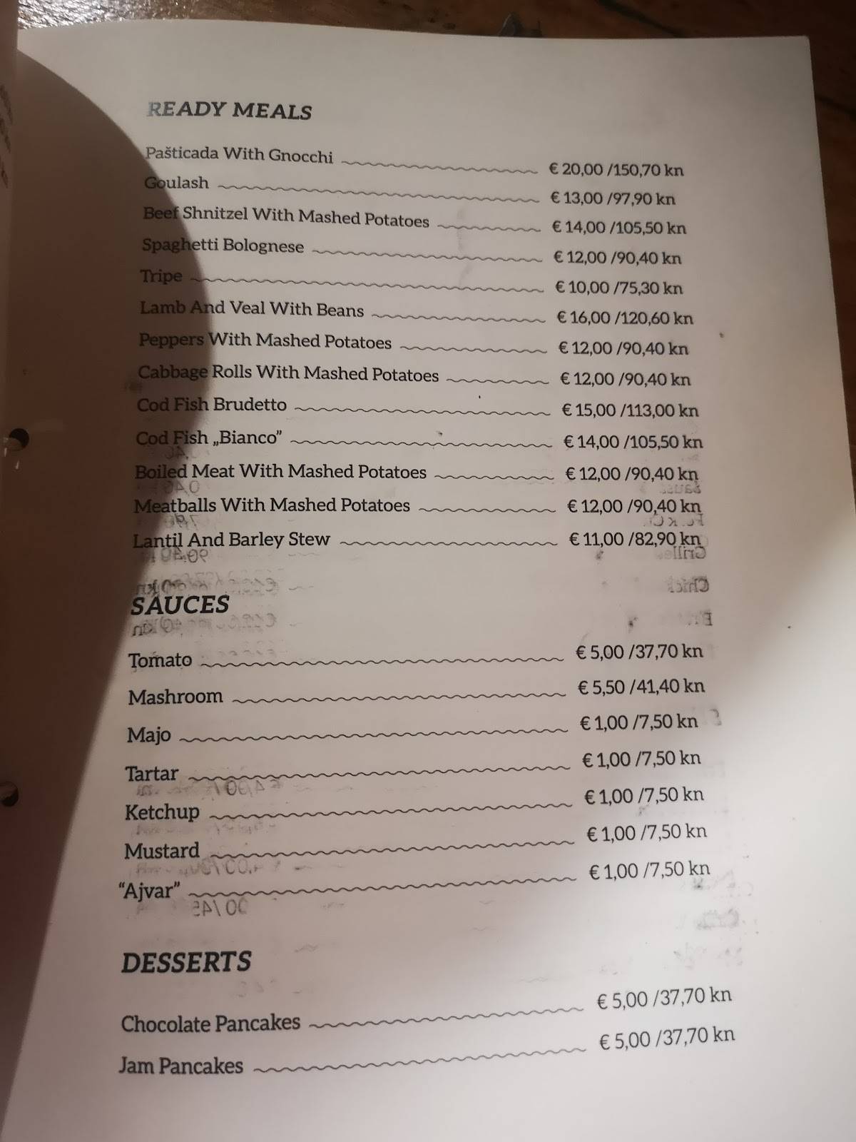 Menu at Fife restaurant, Split