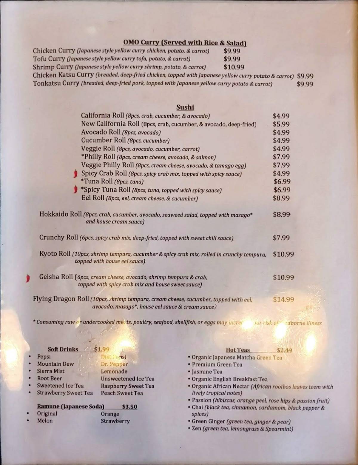 Menu at OMO Japanese Soul Food restaurant, Springfield