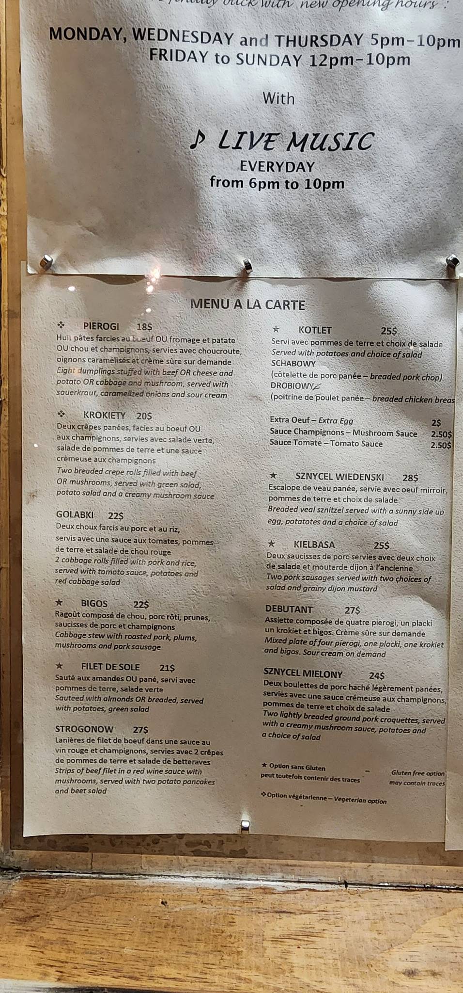 Menu at Stash Café, Montréal