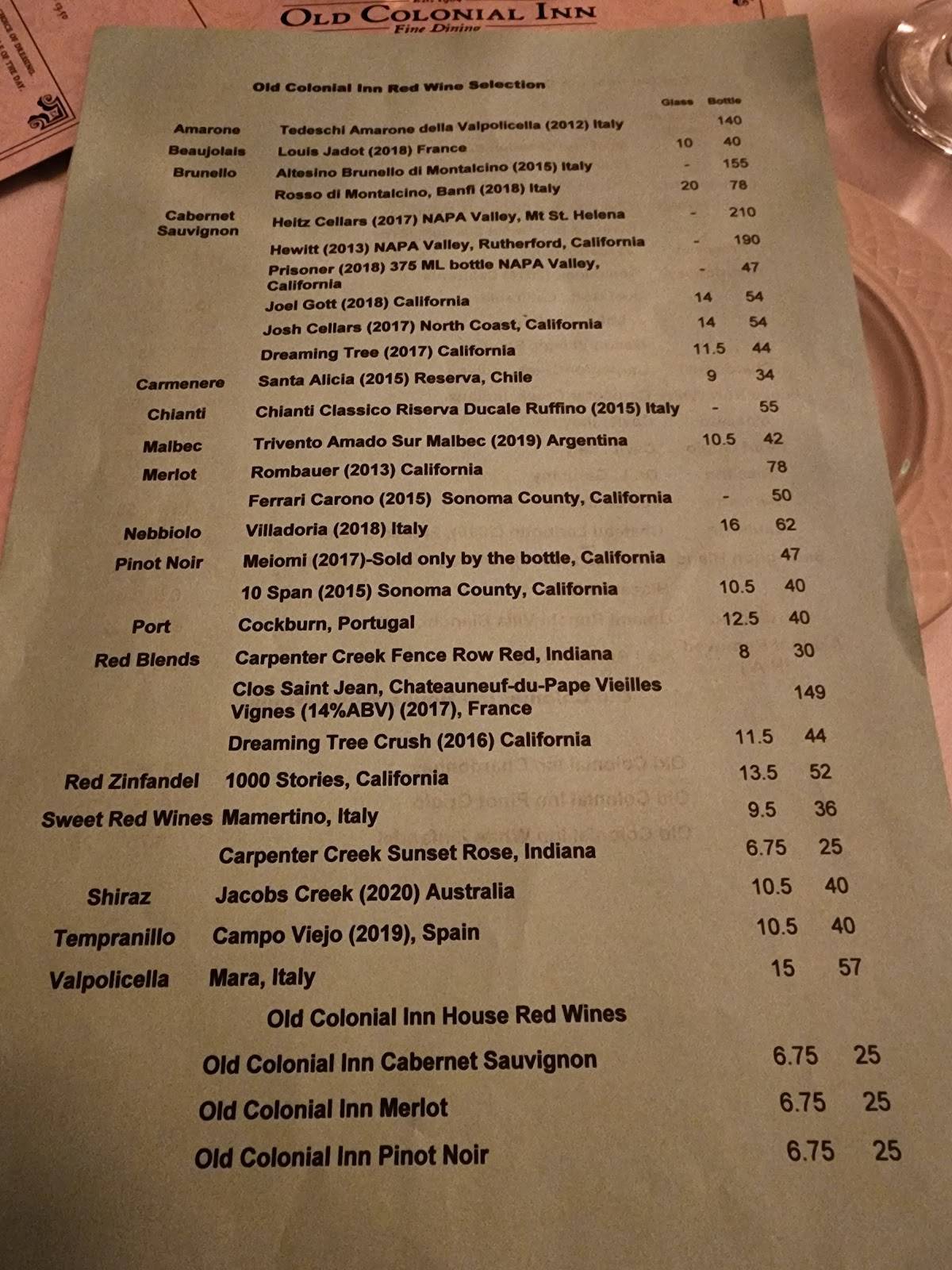 Menu at Old Colonial Inn steakhouse, Kentland